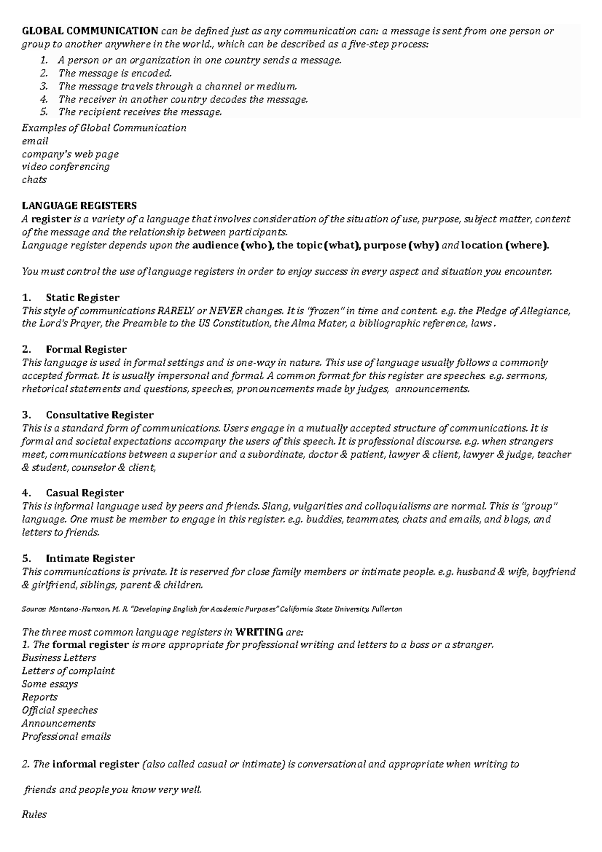 Language register note 2 - GLOBAL COMMUNICATION can be defined just as ...