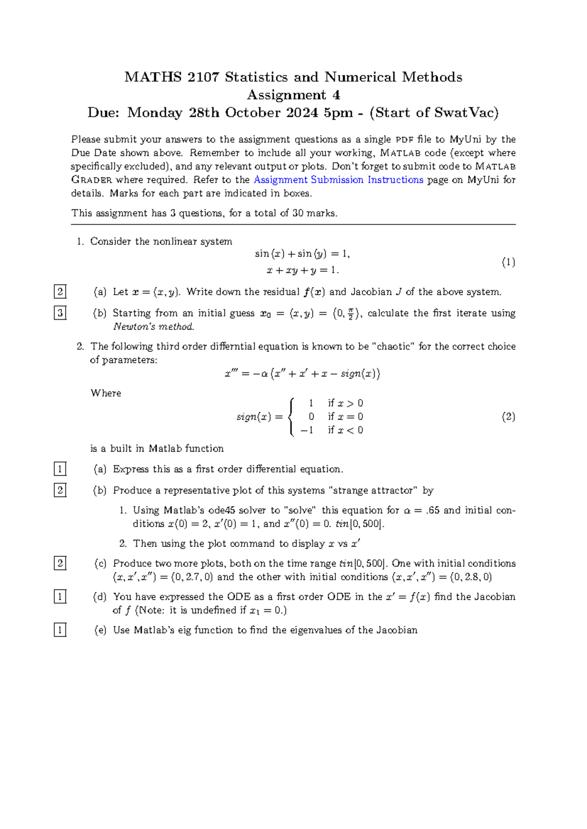 SNMA4 - Assignment 4 worksheet 2024 - MATHS 2107 Statistics and Numerical Methods Assignment 4 ...