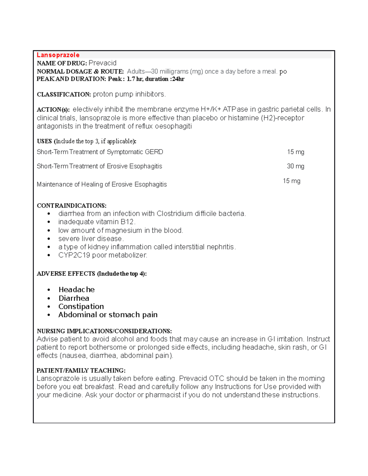 Lansoprazole-Drug Card - Lansoprazole NAME OF DRUG: Prevacid NORMAL ...
