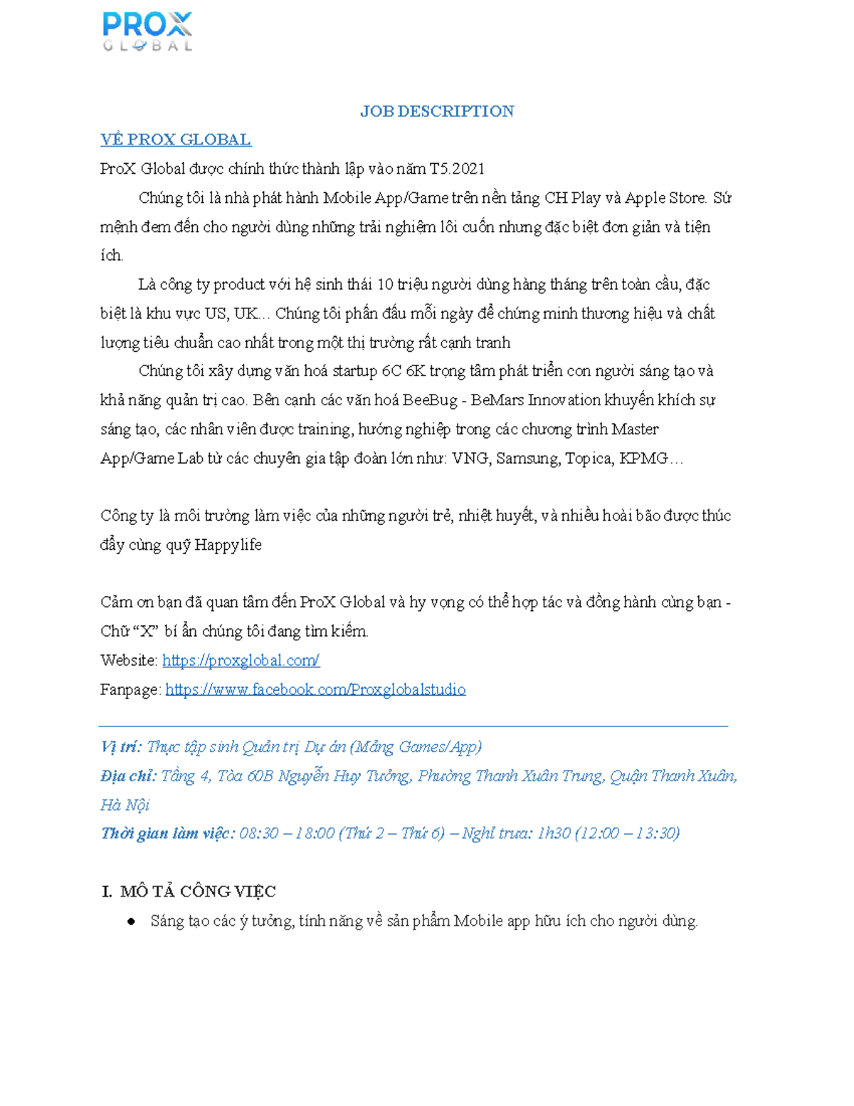 Prox JD TTS PO 123 - JOB DESCRIPTION VỀ PROX GLOBAL ProX Global được ...