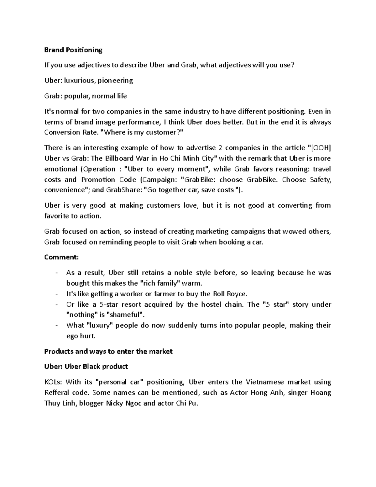 Grab in relation to Uber - Brand Positioning If you use adjectives to ...