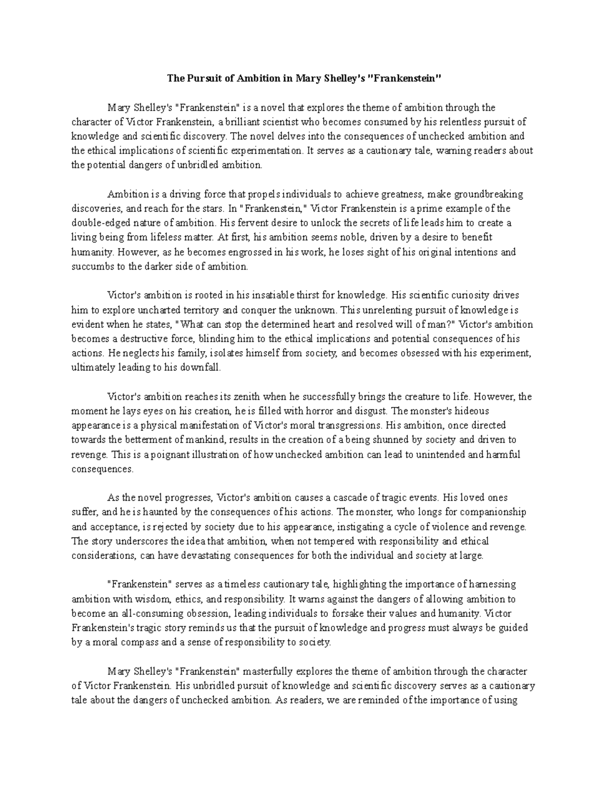 The Pursuit of Ambition in Mary Shelley's Frankenstein - The Pursuit of ...