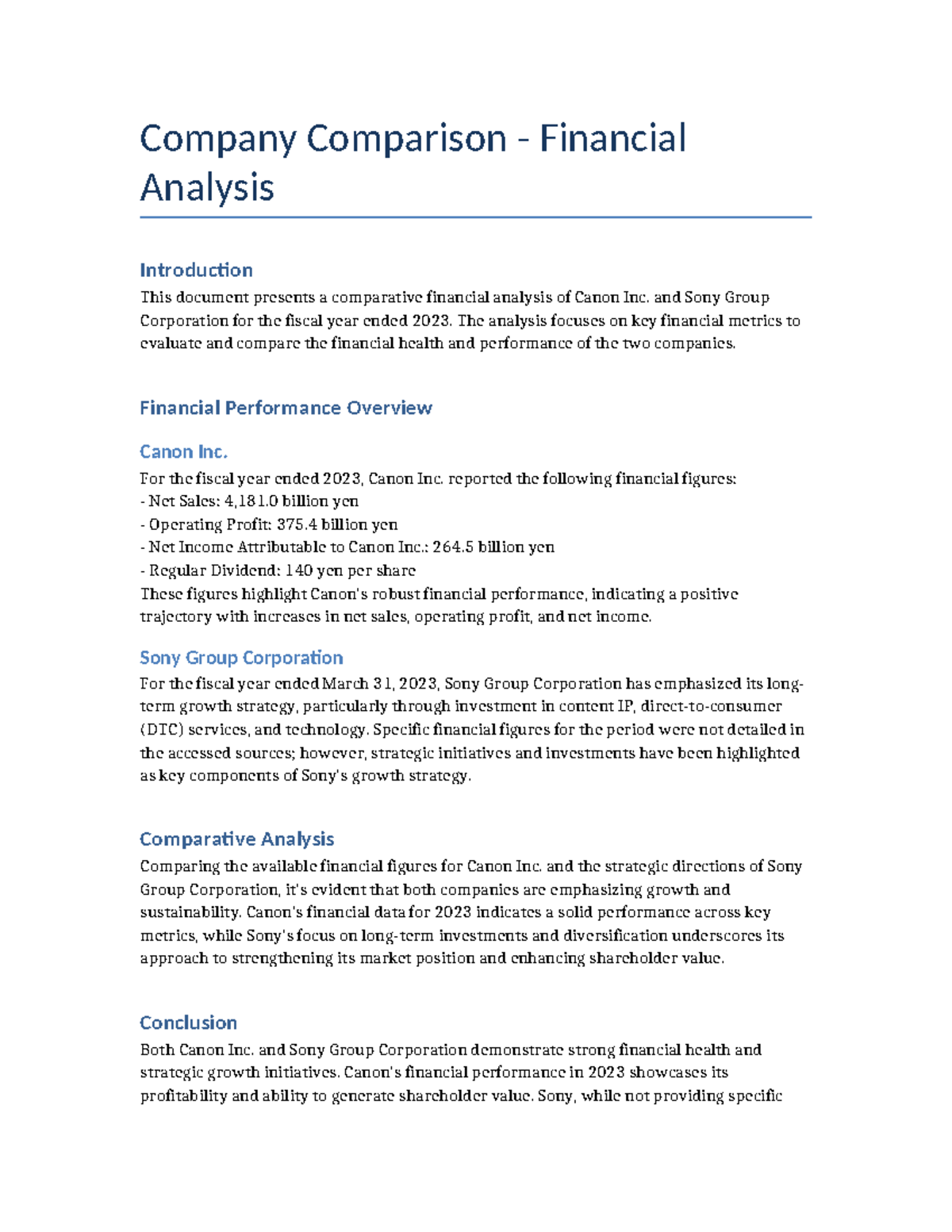 Canon vs Sony Financial Analysis - Company Comparison - Financial ...