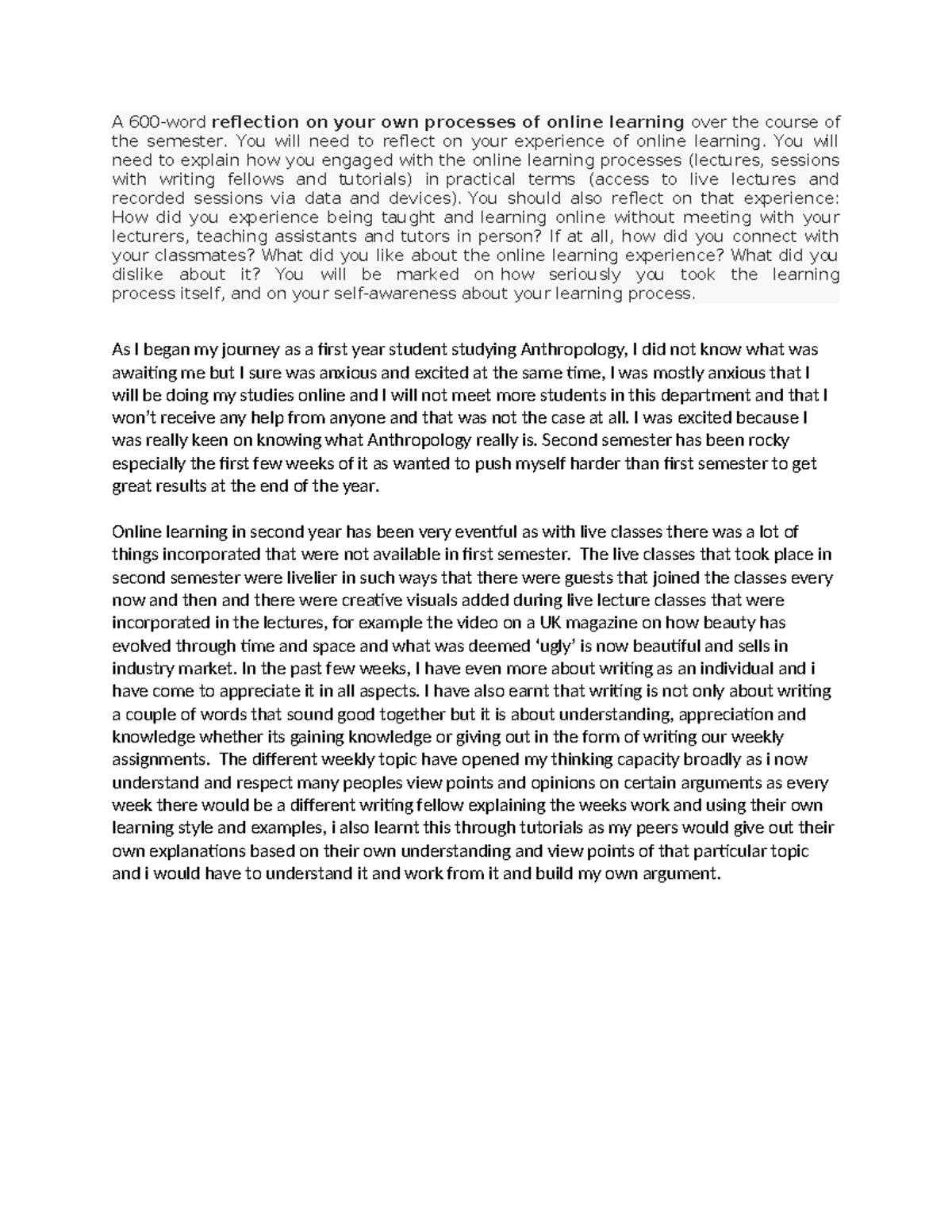 A 600 - A self reflection essay for during online learning post Covid ...