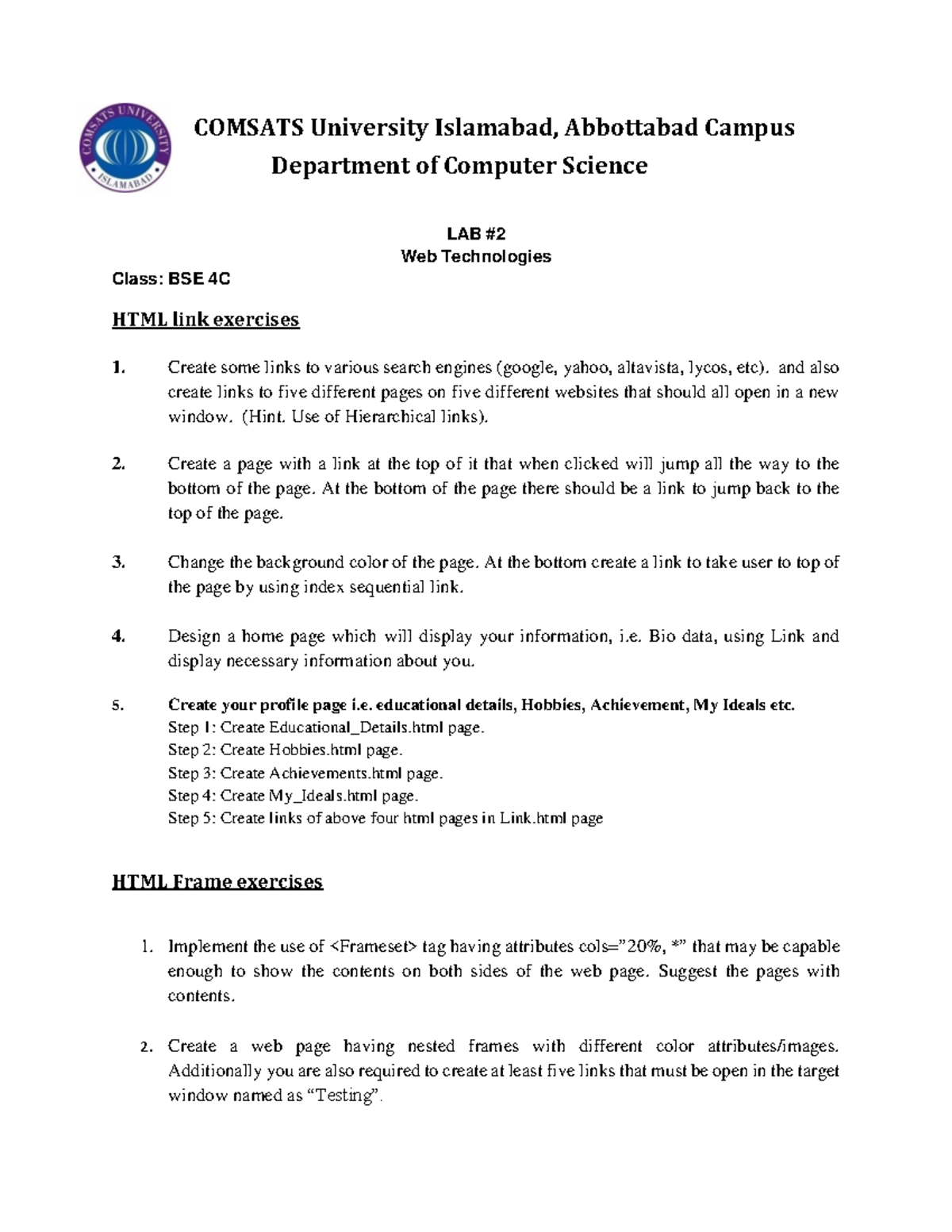 Lab Assignment 2 - asdasd - COMSATS University Islamabad, Abbottabad Campus Department of ...