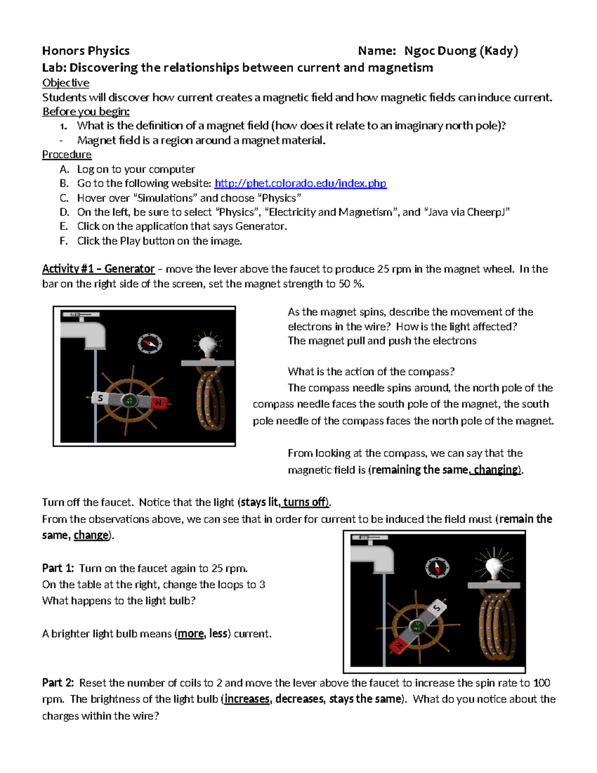 Copy of Lab Phet Electromagnetism - Honors Physics Name: Ngoc Duong ...