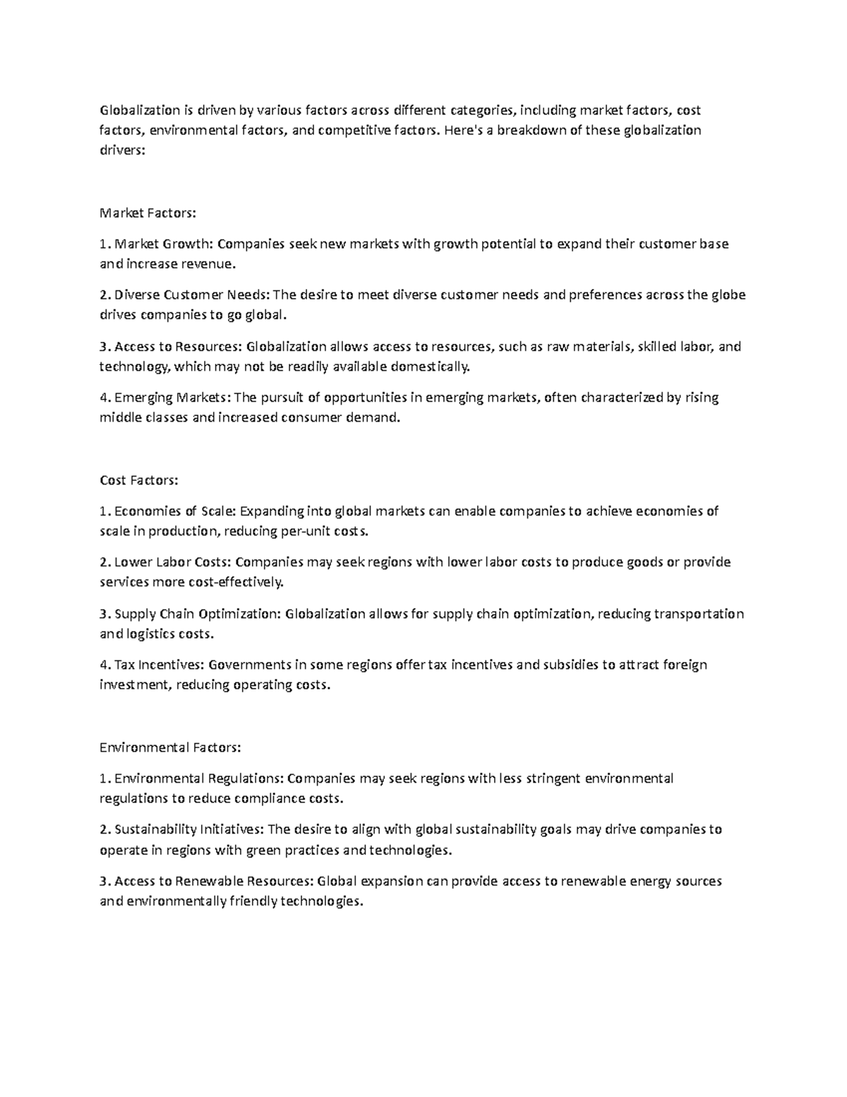 Factors - globalization drivers - Globalization is driven by various ...