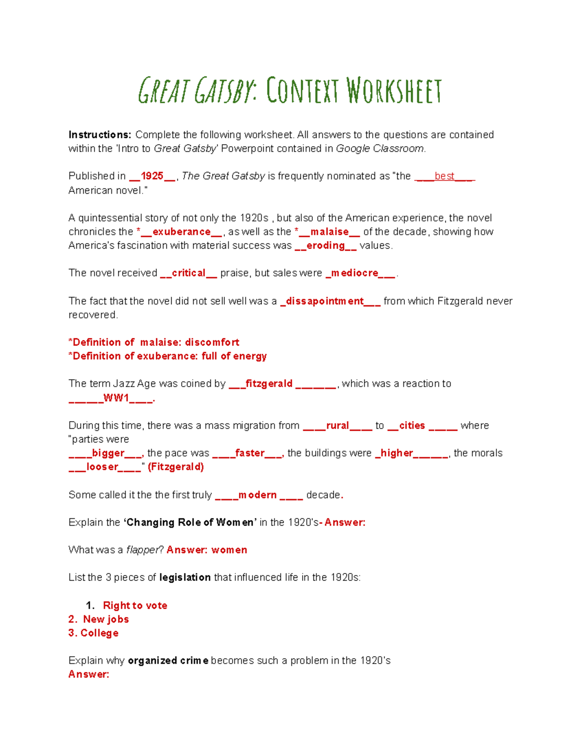 Copy of Copy of Great Gatsby Context Worksheet - Great Gatsby: Context ...