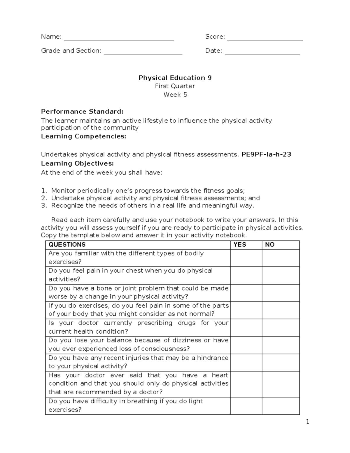 Mapeh 9- P.E- Week 5 - Learning Activity Sheet - Name