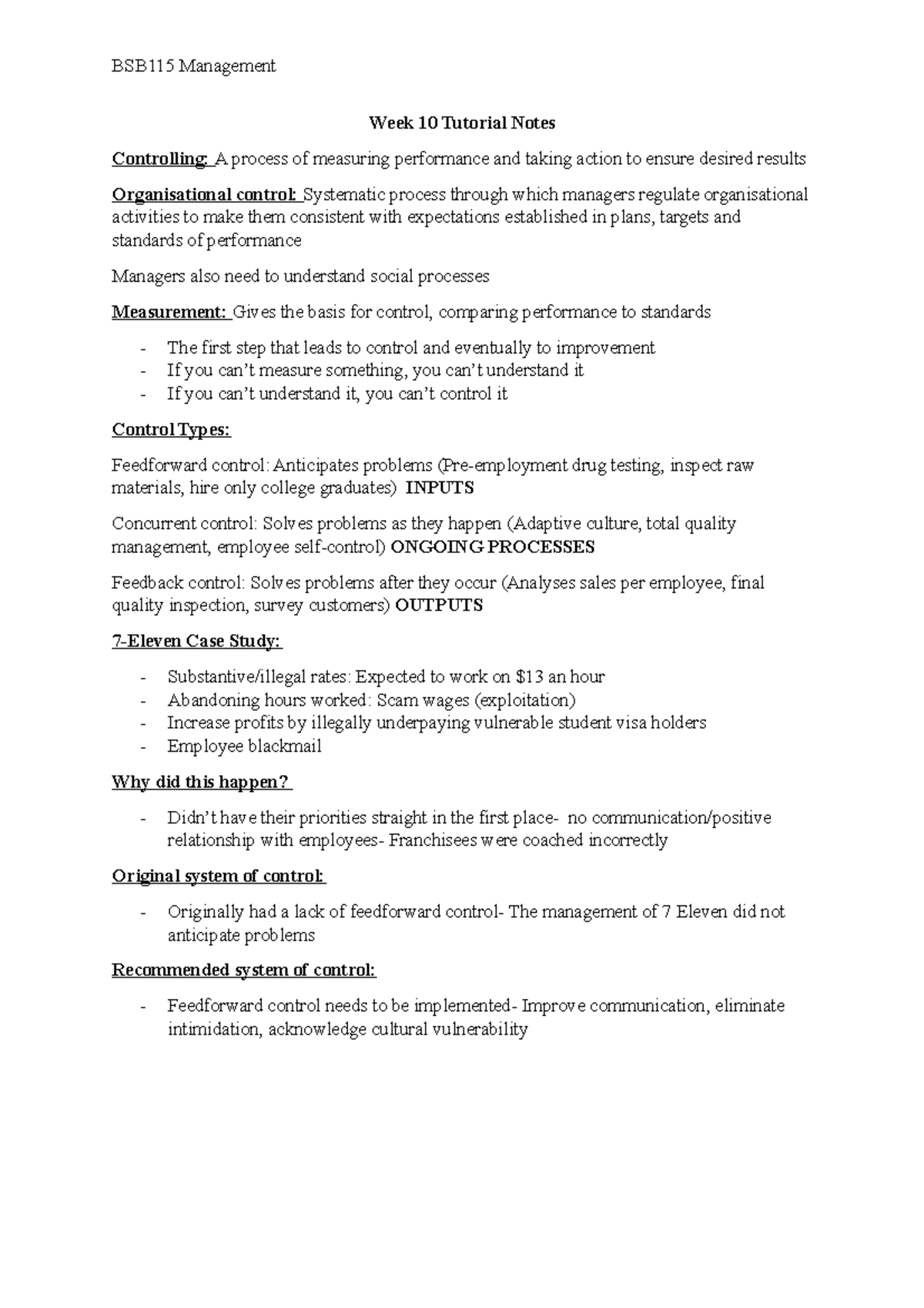 Week 10 Tutorial Notes - BSB115 Management Week 10 Tutorial Notes ...