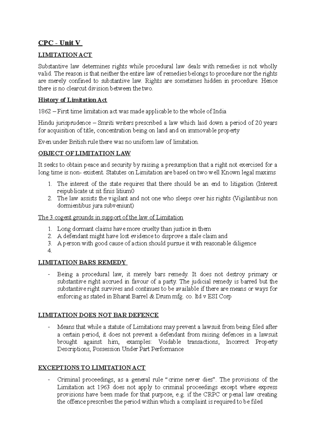 CPC- U5 - CPC - Unit V LIMITATION ACT Substantive law determines rights ...