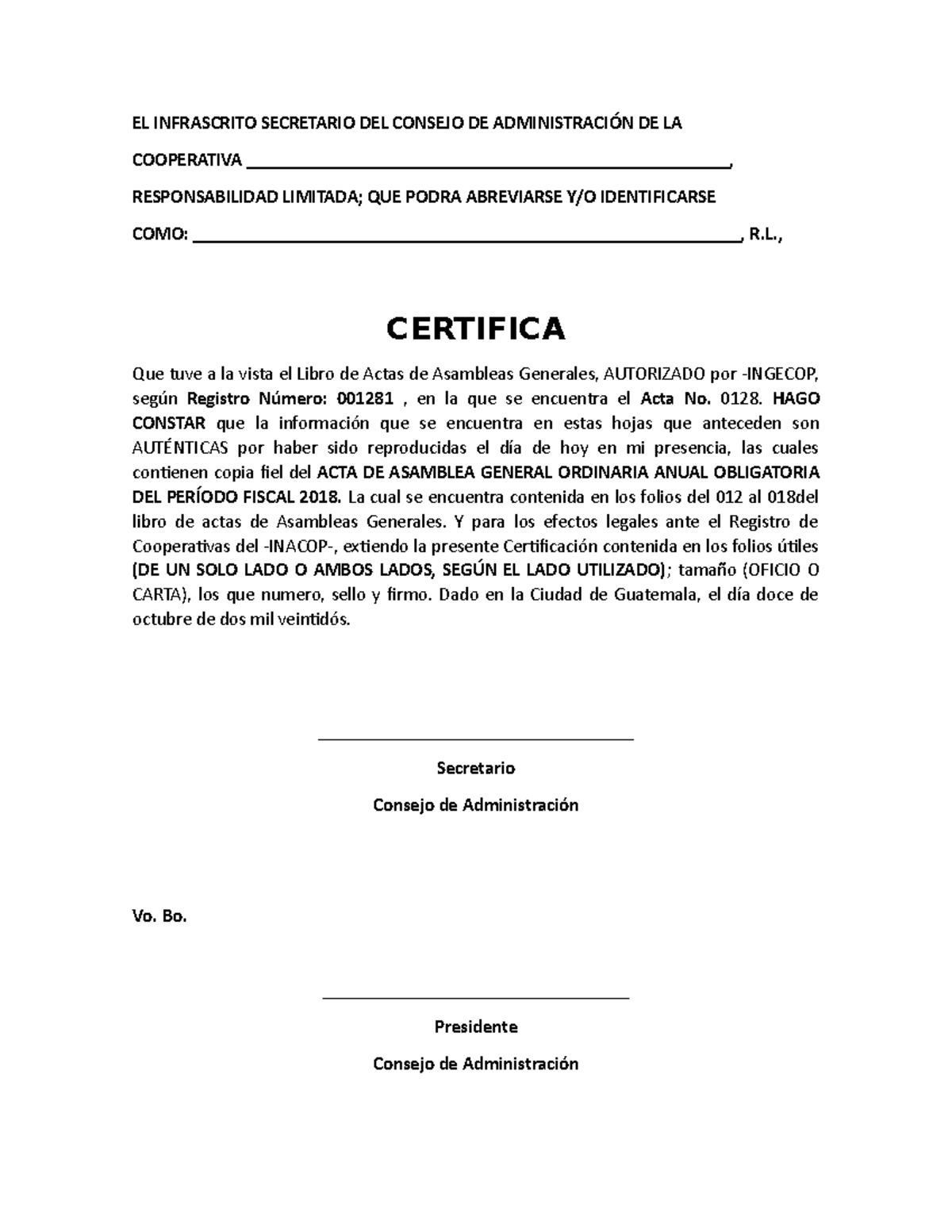 Certificación ( Examen) - EL INFRASCRITO SECRETARIO DEL CONSEJO DE ...