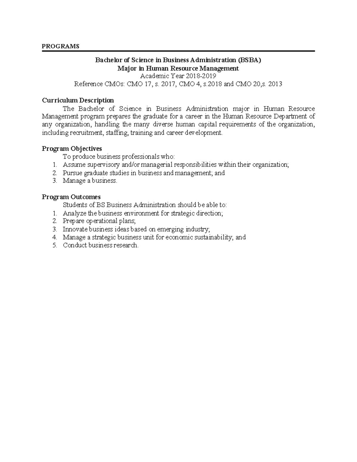 Bachelor of Science in Business Administration BSBA Major in Human ...