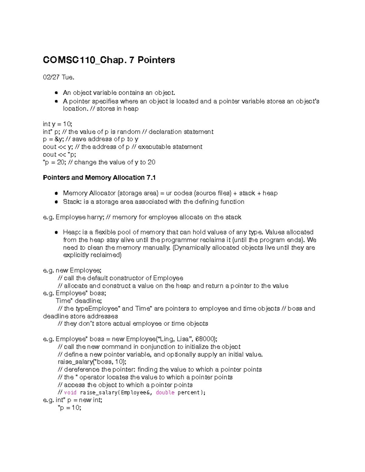 Comsc 110 Chap 7 - Chap. 7 Pointers - COMSC110_Chap. 7 Pointers 02/27 Tue. An object variable ...