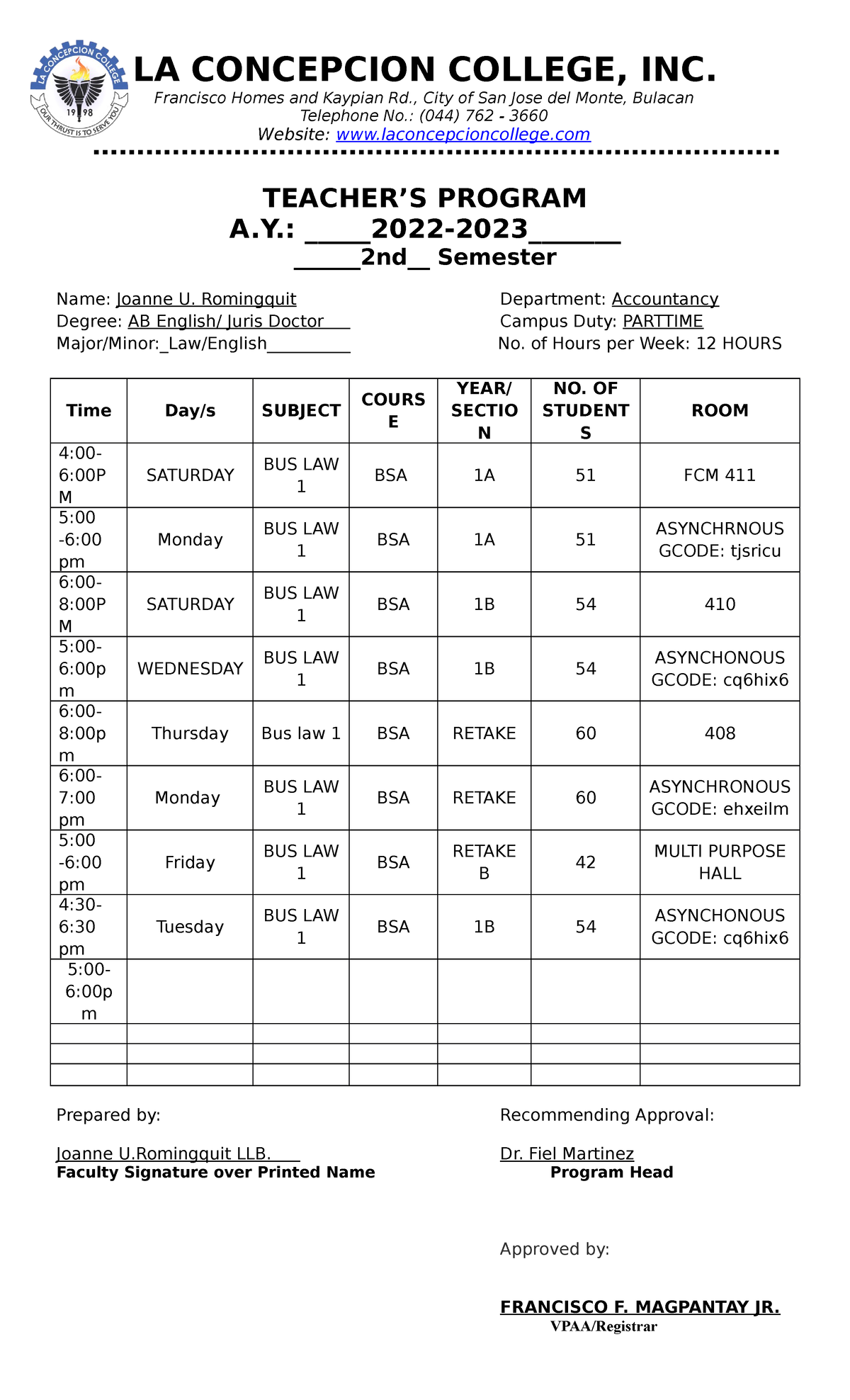 Format-OF- Teachers- Program-College-Department lcc feb - LA CONCEPCION ...