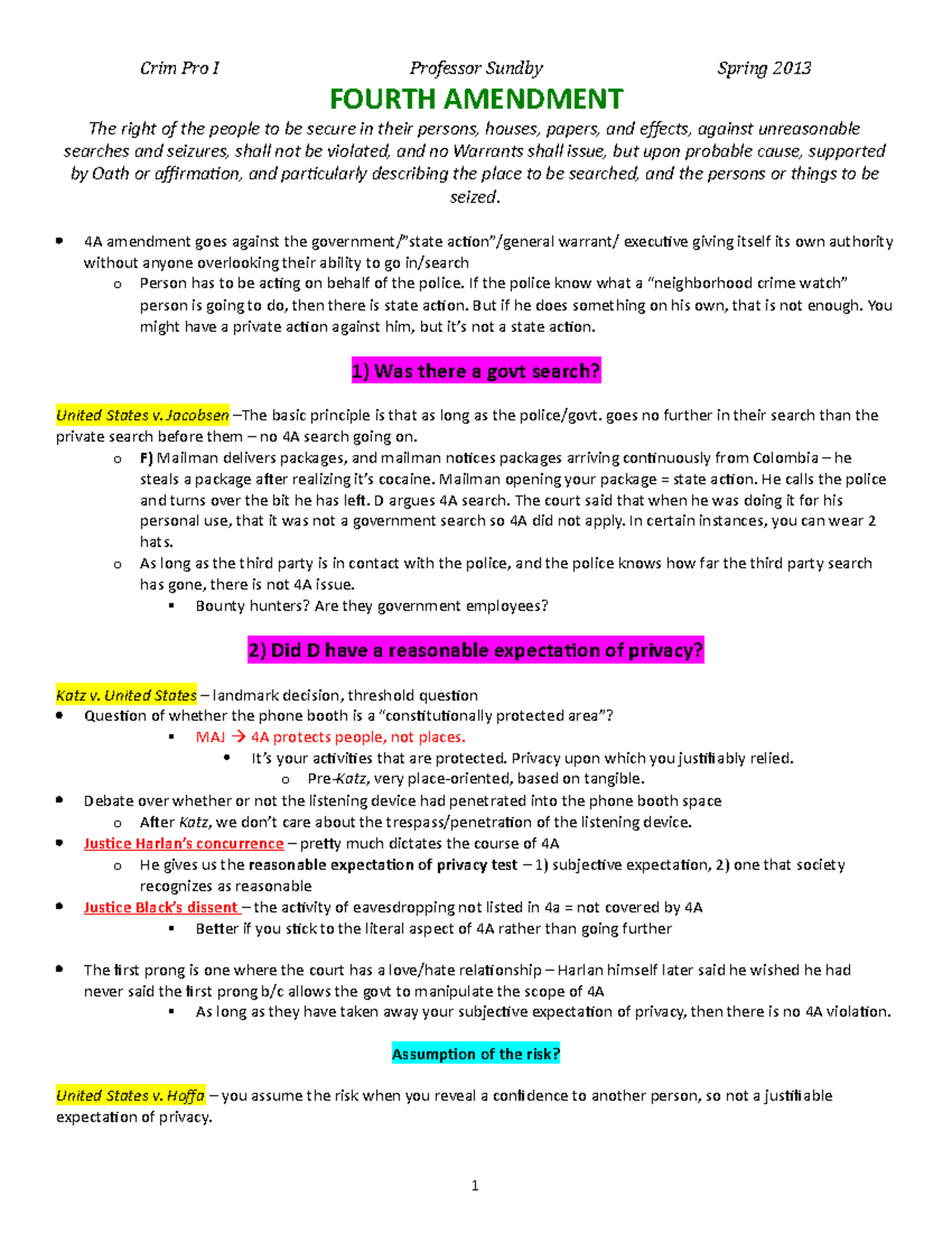 Outline - Summary Criminal Procedure - Crim Pro I Professor Sund FOURTH ...