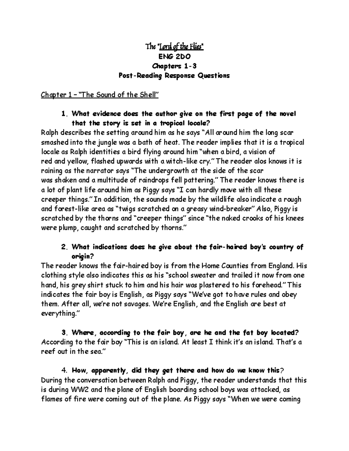 Chapters 1-3 questions - The “Lord of the Flies” ENG 2DO Chapters 1 ...