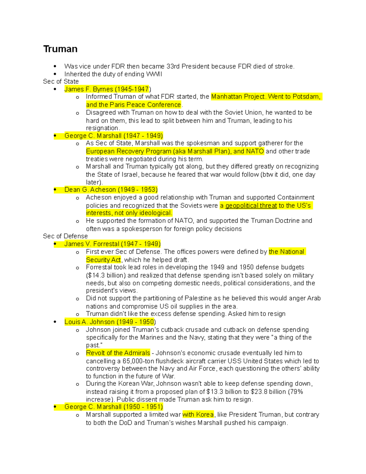 AMH 2020 - History Lectures 1-7 Notes - Truman Was vice under FDR then ...