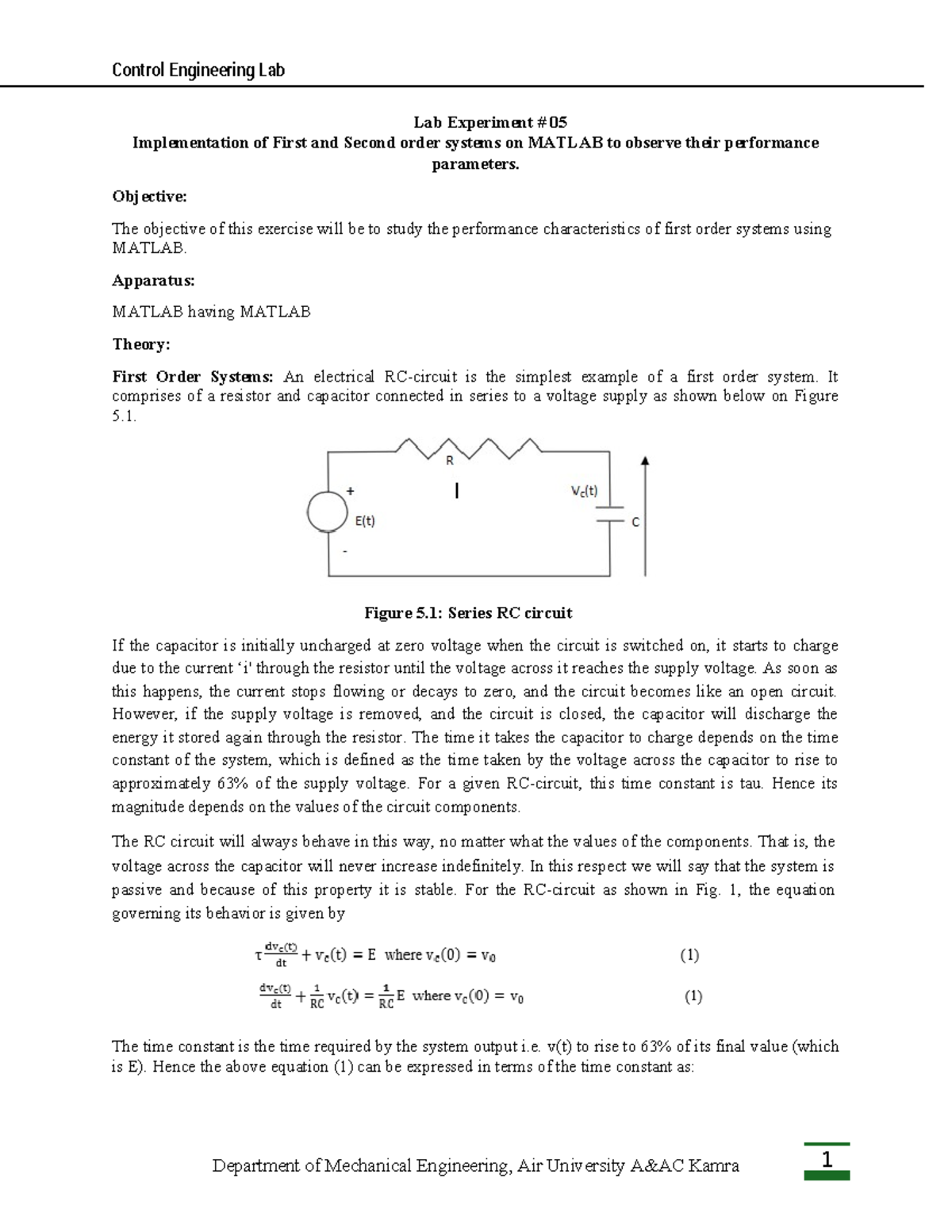 Control Engineering Lab 5 - 1 Control Engineering Lab Lab Experiment # 05 Implementation of ...