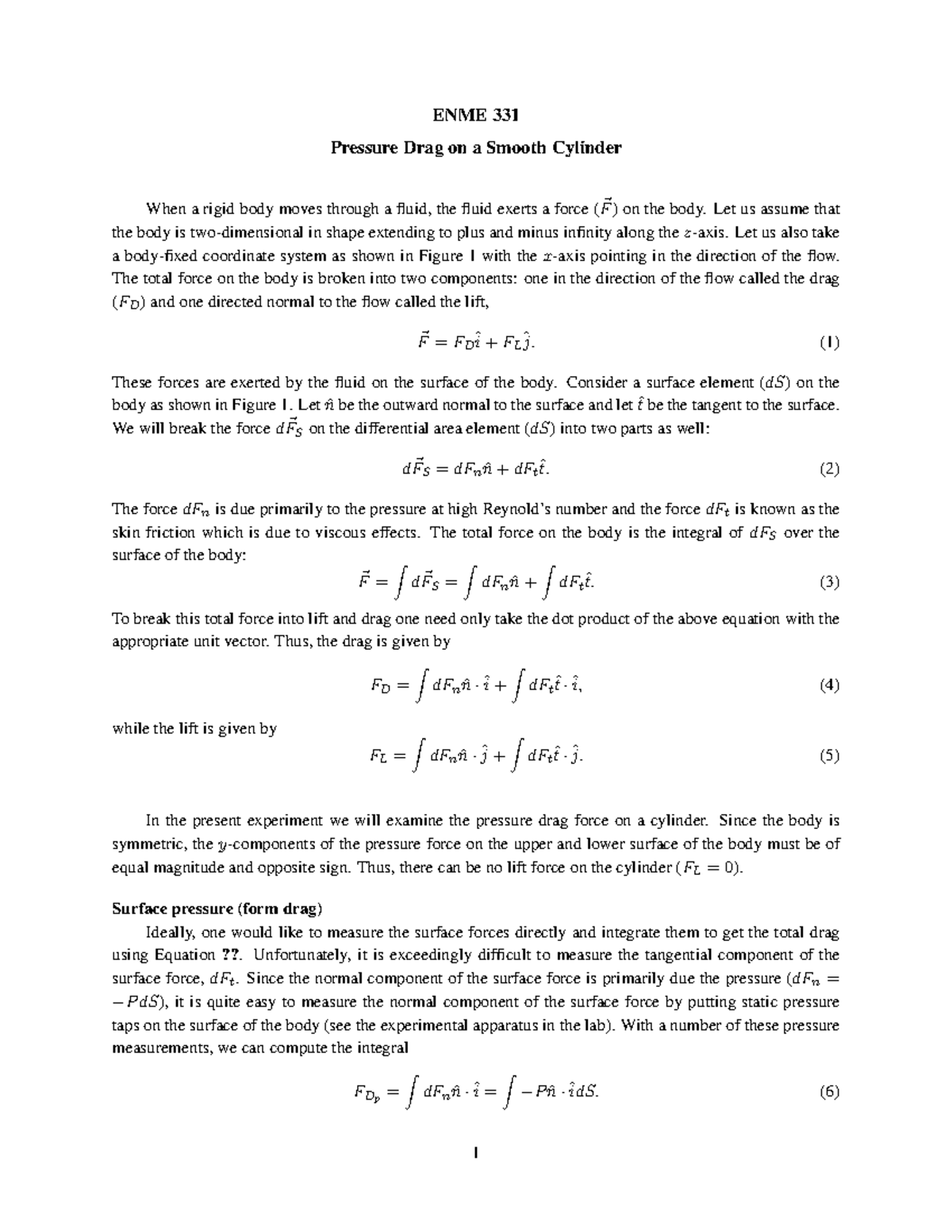 Lab 04 Pressure Drag-2 - Lab 4 - ENME 331 Pressure Drag on a Smooth ...