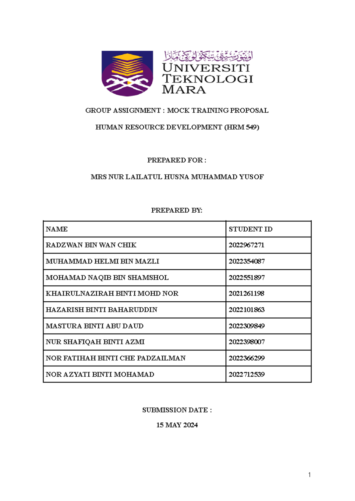 Proposal of UITM STUDENT - GROUP ASSIGNMENT : MOCK TRAINING PROPOSAL ...