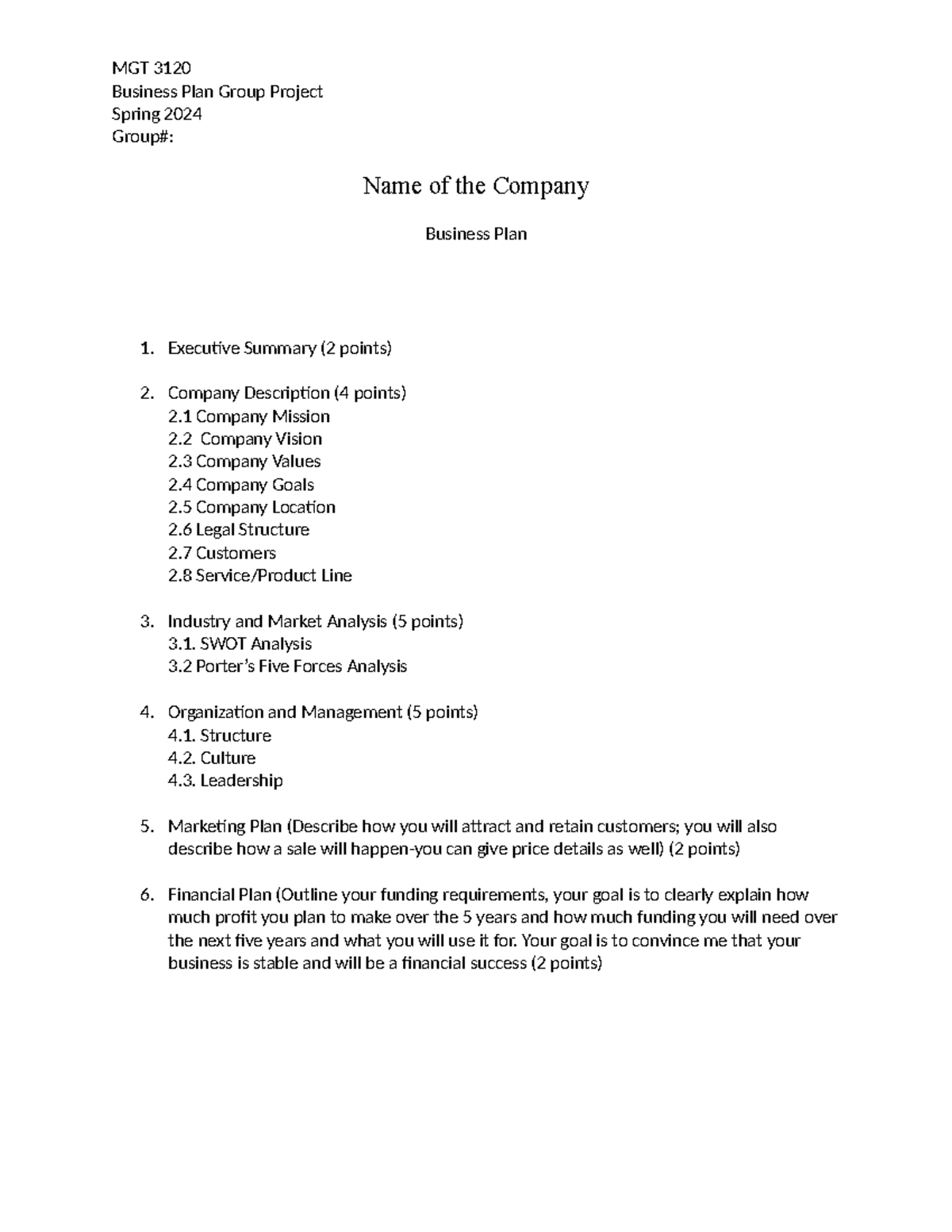 Business Plan Template - MGT 3120 Business Plan Group Project Spring ...