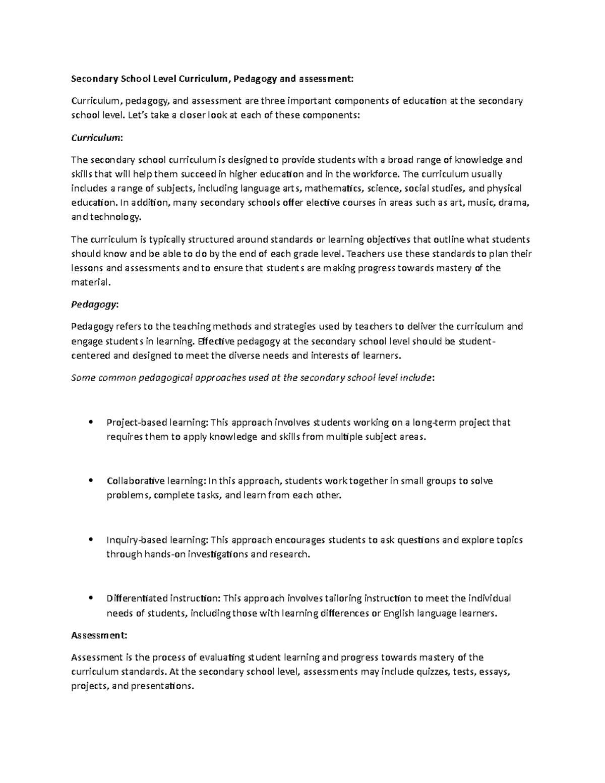 Secondary School Level Curriculum Pedagogy And Assessment Secondary