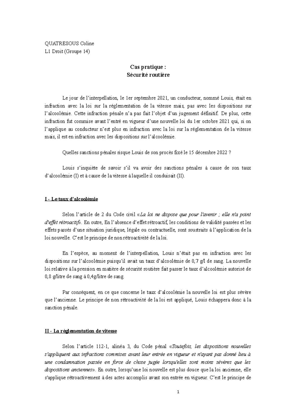 Cas pratique Sécurité routière - QUATRESOUS Coline L1 Droit (Groupe 14 ...