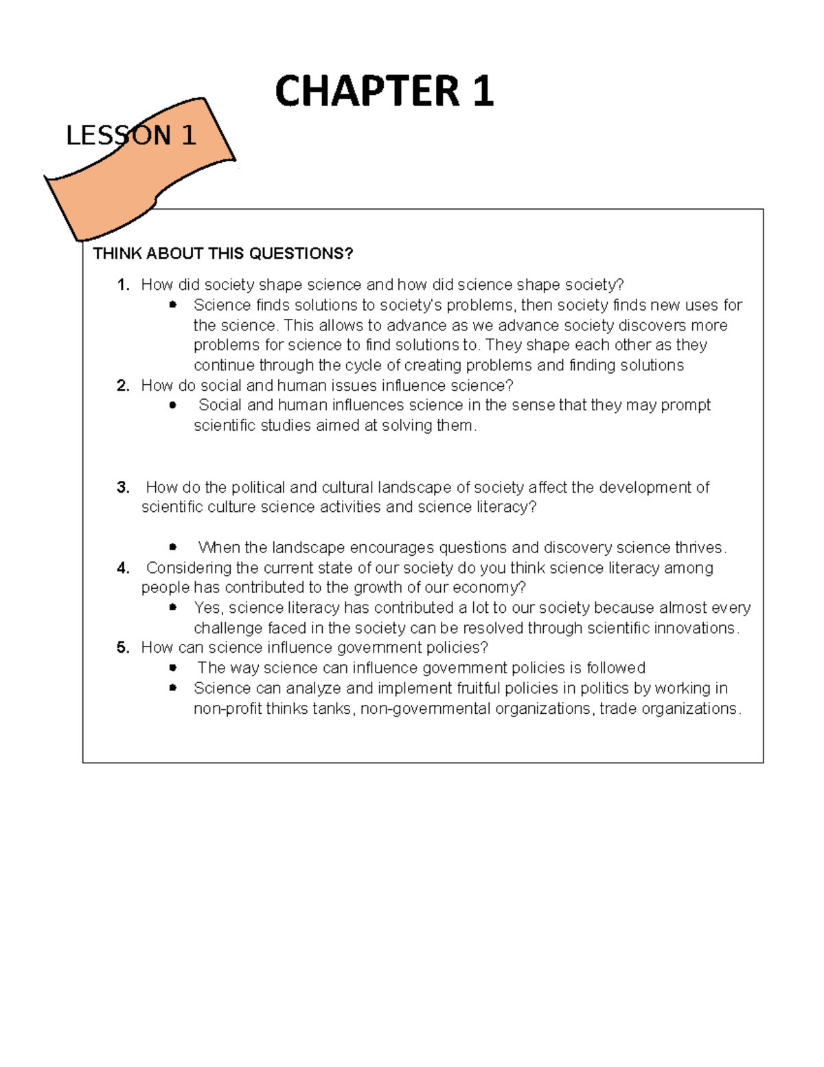 Science undone - Nice - CHAPTER 1 THINK ABOUT THIS QUESTIONS? 1. How ...