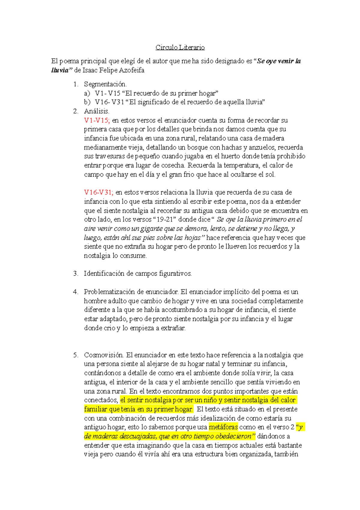 Circulo Literario - a) V1- V15 “El recuerdo de su primer hogar” b) V16 ...