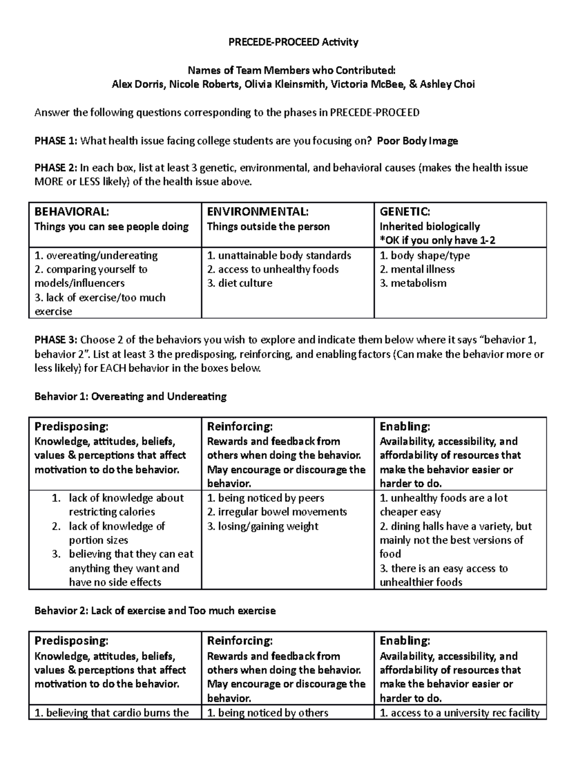 Precede-Proceed activity - PRECEDE-PROCEED Activity Names of Team ...
