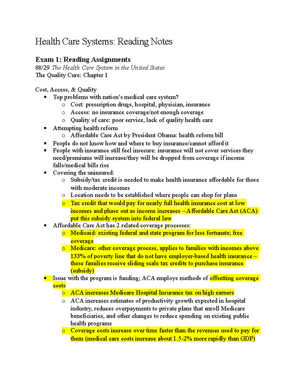 Health Care Reading Notes - Health Care Systems: Reading Notes Exam 1 ...