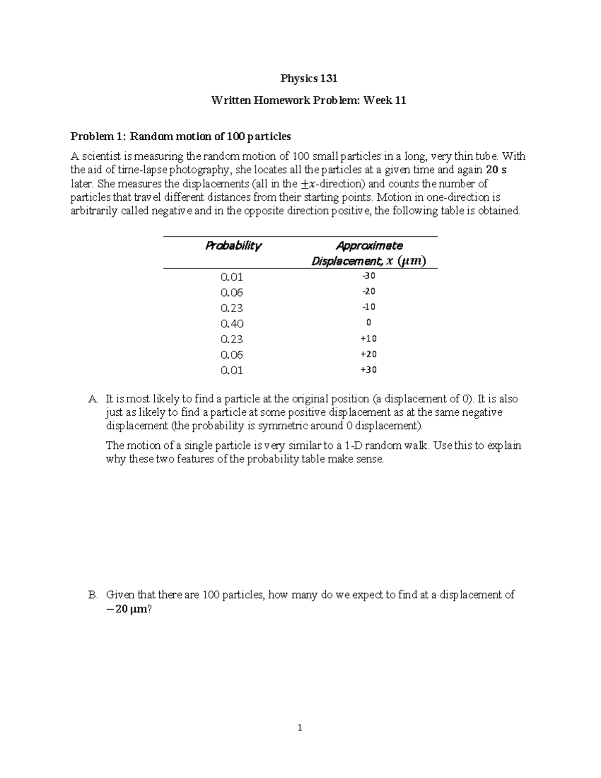 Week11 Diffusion Written(1)-2 - Physics 131 Written Homework Problem ...