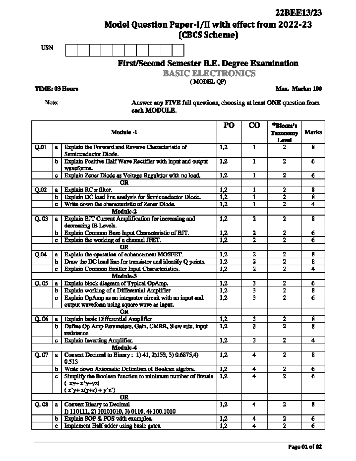 BEE Module QNP 1&2 - BASIC ELECTRONICS MODEL QUESTION PAPER 2022 SCHEME ...