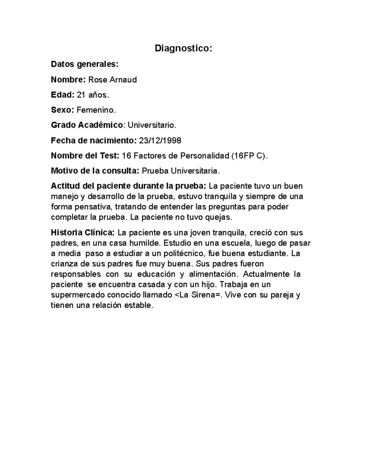 Diagnostico 16 fp c - Test 16 fp - Diagnostico: Datos generales: Nombre ...