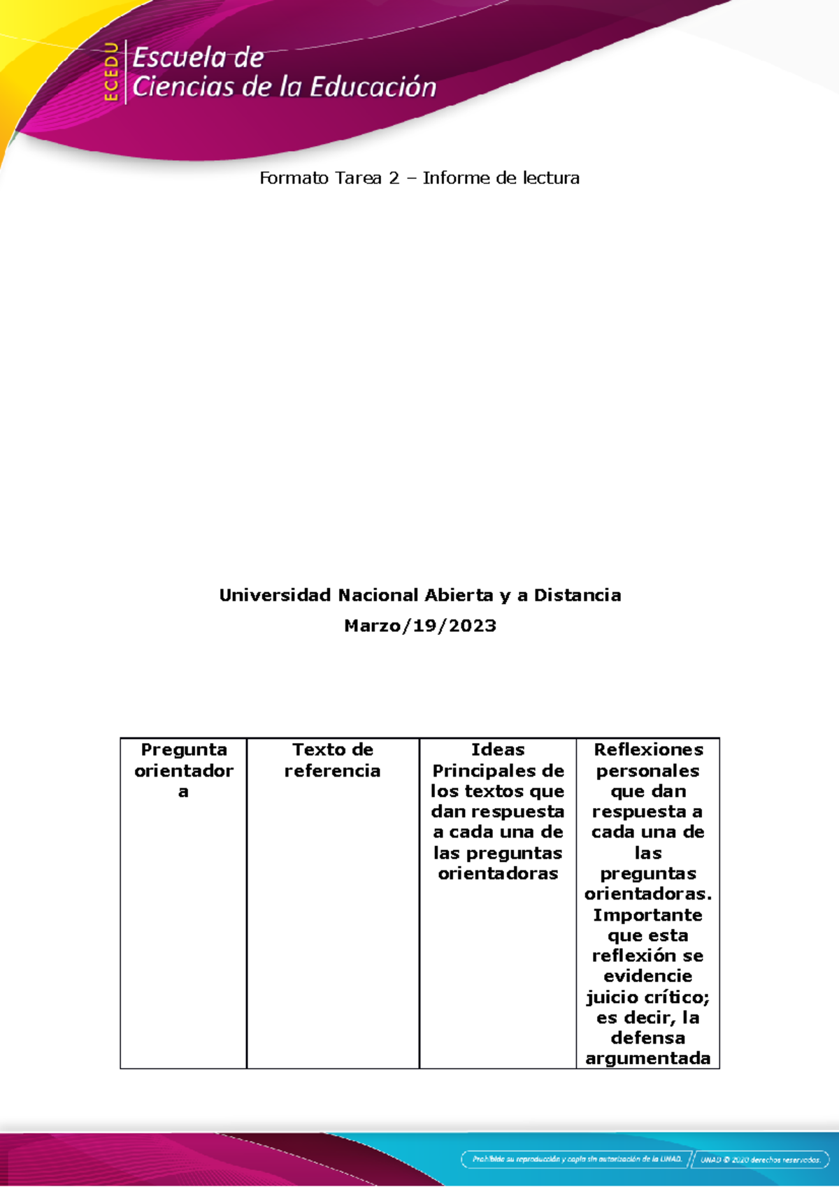 UAND Epistemologia - Formato Tarea 2 – Informe de lectura Universidad Nacional Abierta y a ...