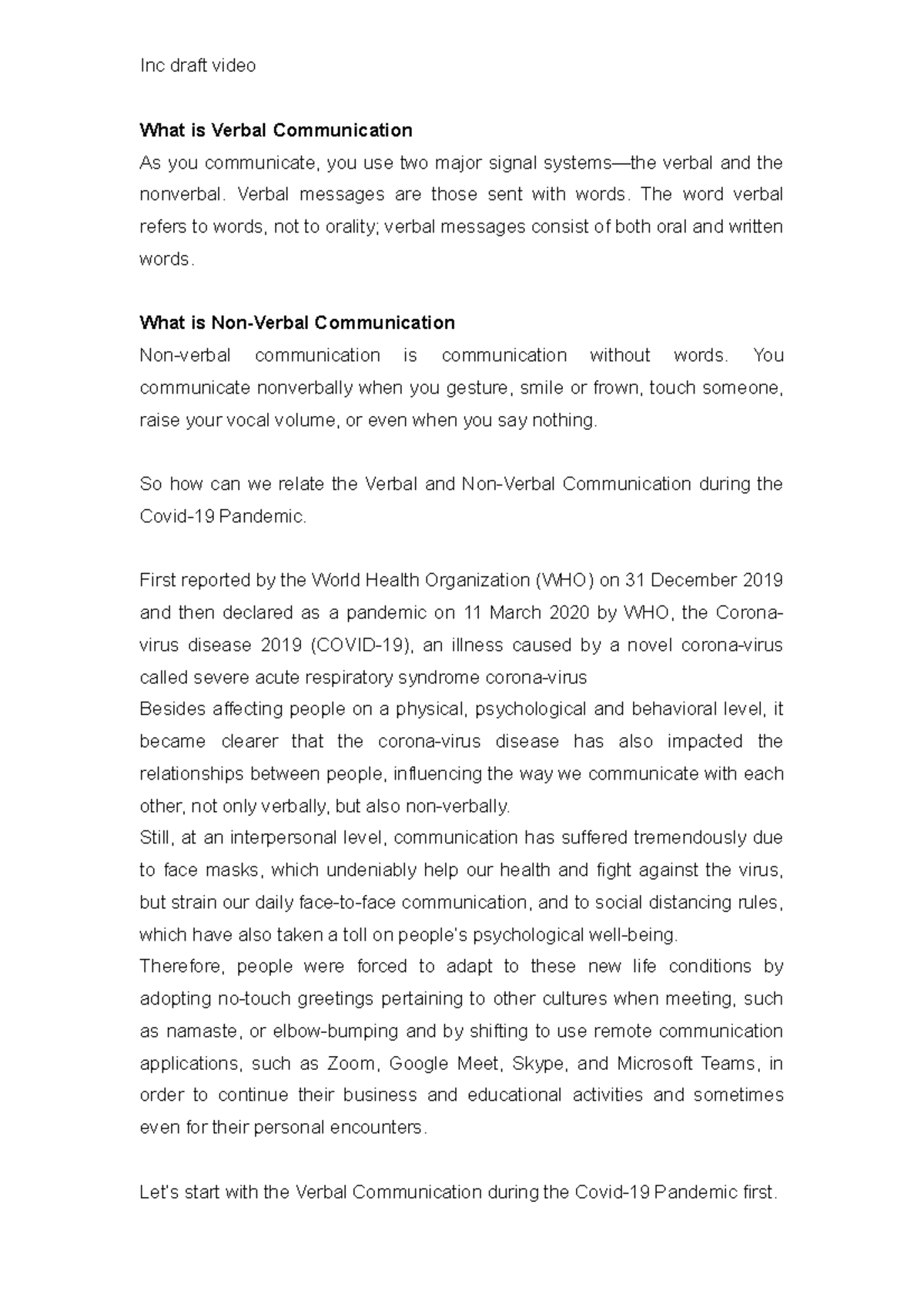 Instructional communication draft video assignment - Inc draft video ...