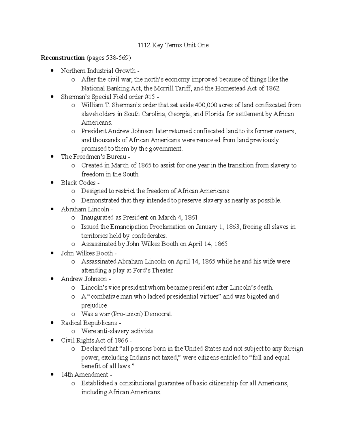 HIS1112 Key Terms Unit One - 1112 Key Terms Unit One Reconstruction ...