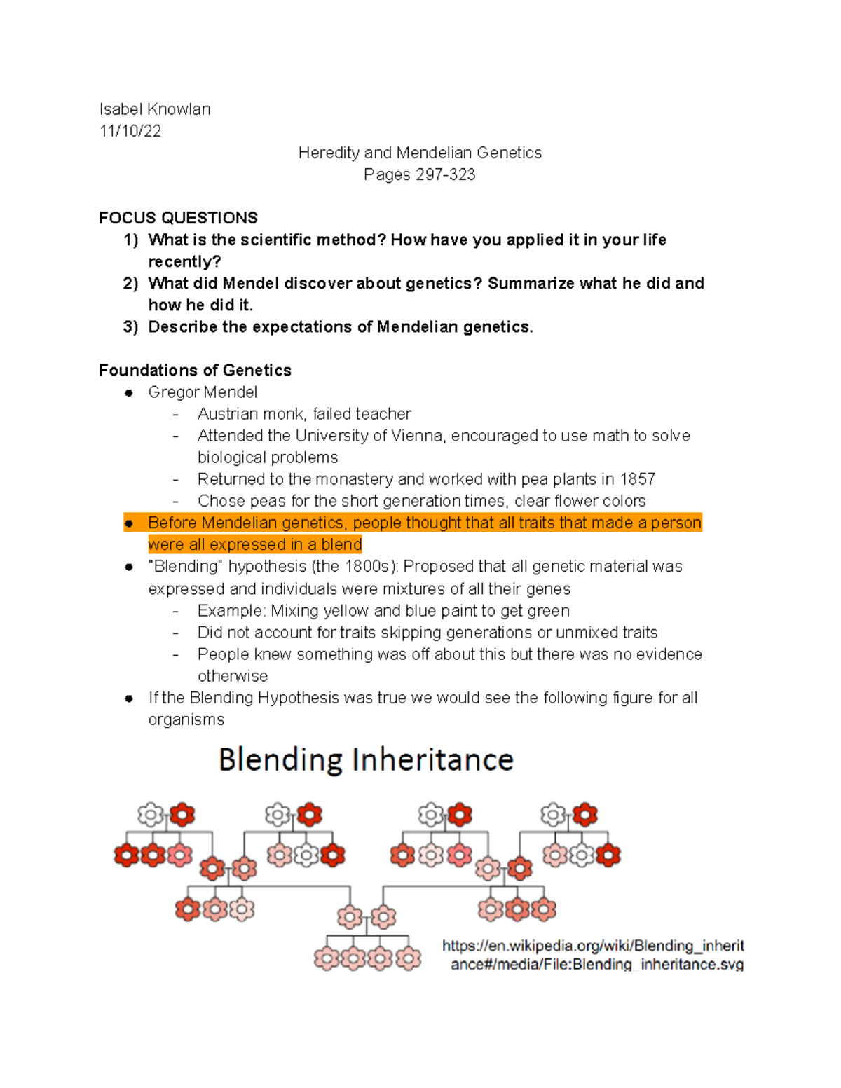 General Biology 1 Notes - Isabel Knowlan 11/10/ Heredity and Mendelian ...