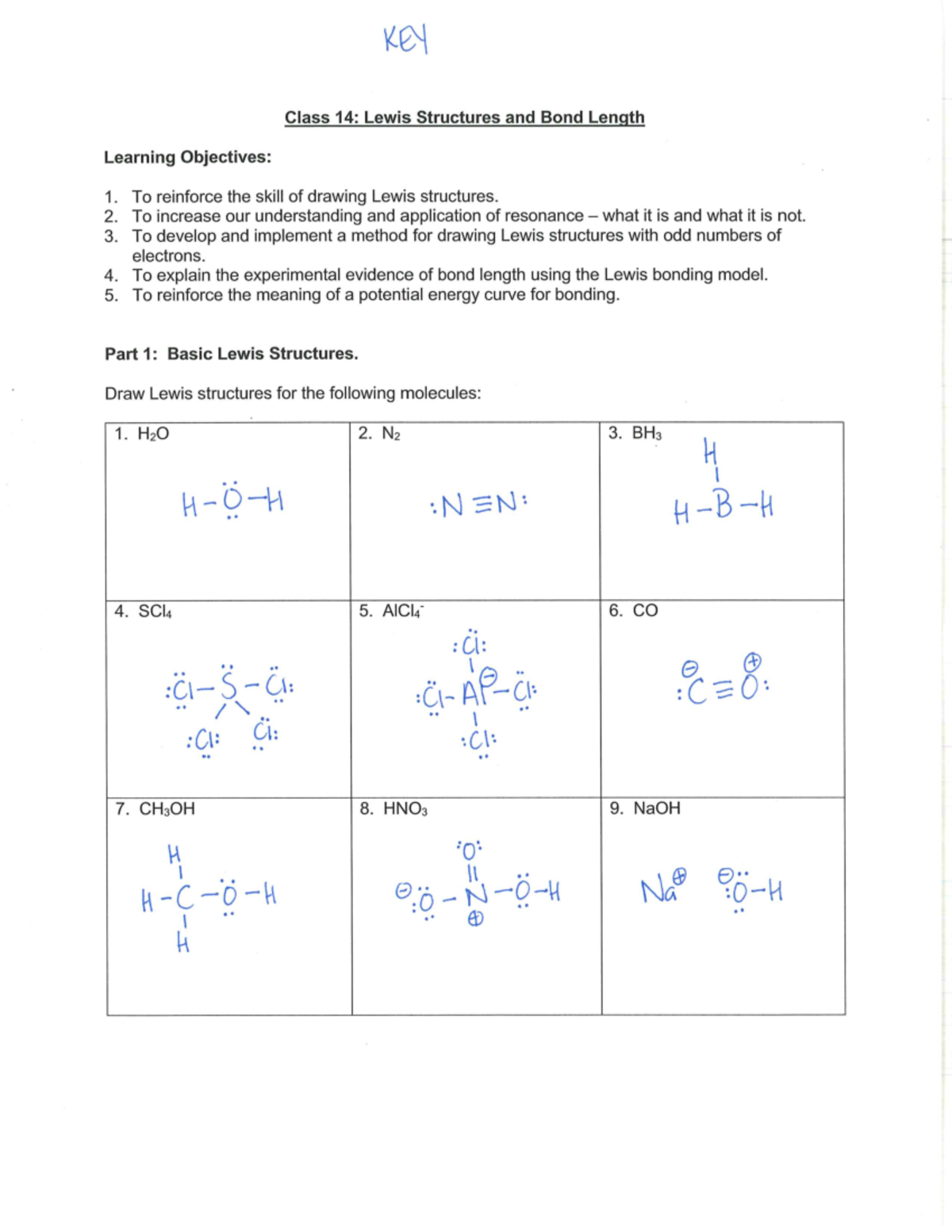 (l)Class Day 13 Worksheet Lewis Structures KEY - Part II: Bond ...