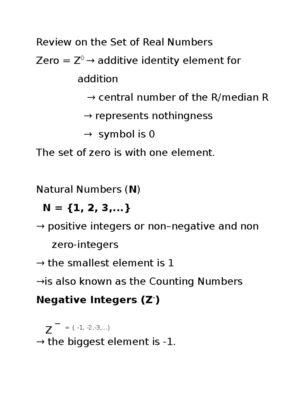 Review On The Set Of Real Numbers Natural Numbers N N 1 2 3