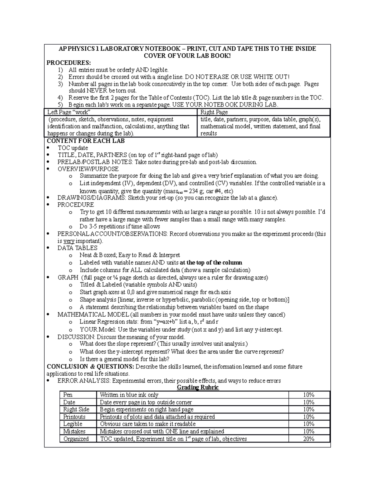 Physics Lab Note Book Rules - AP PHYSICS 1 LABORATORY NOTEBOOK – PRINT ...