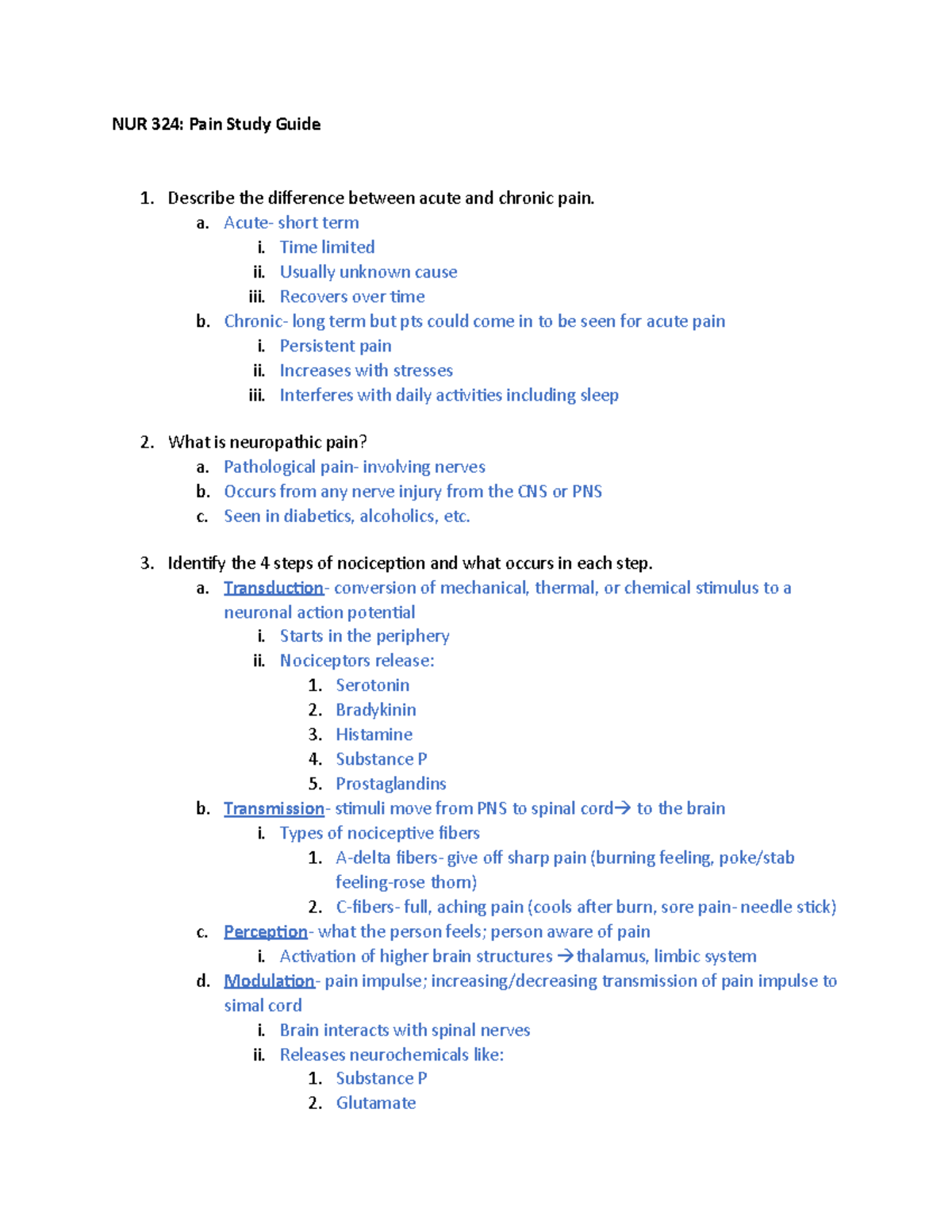 NUR 324: Pain Study Guide - Acute vs Chronic Pain Neuropathic Pain ...