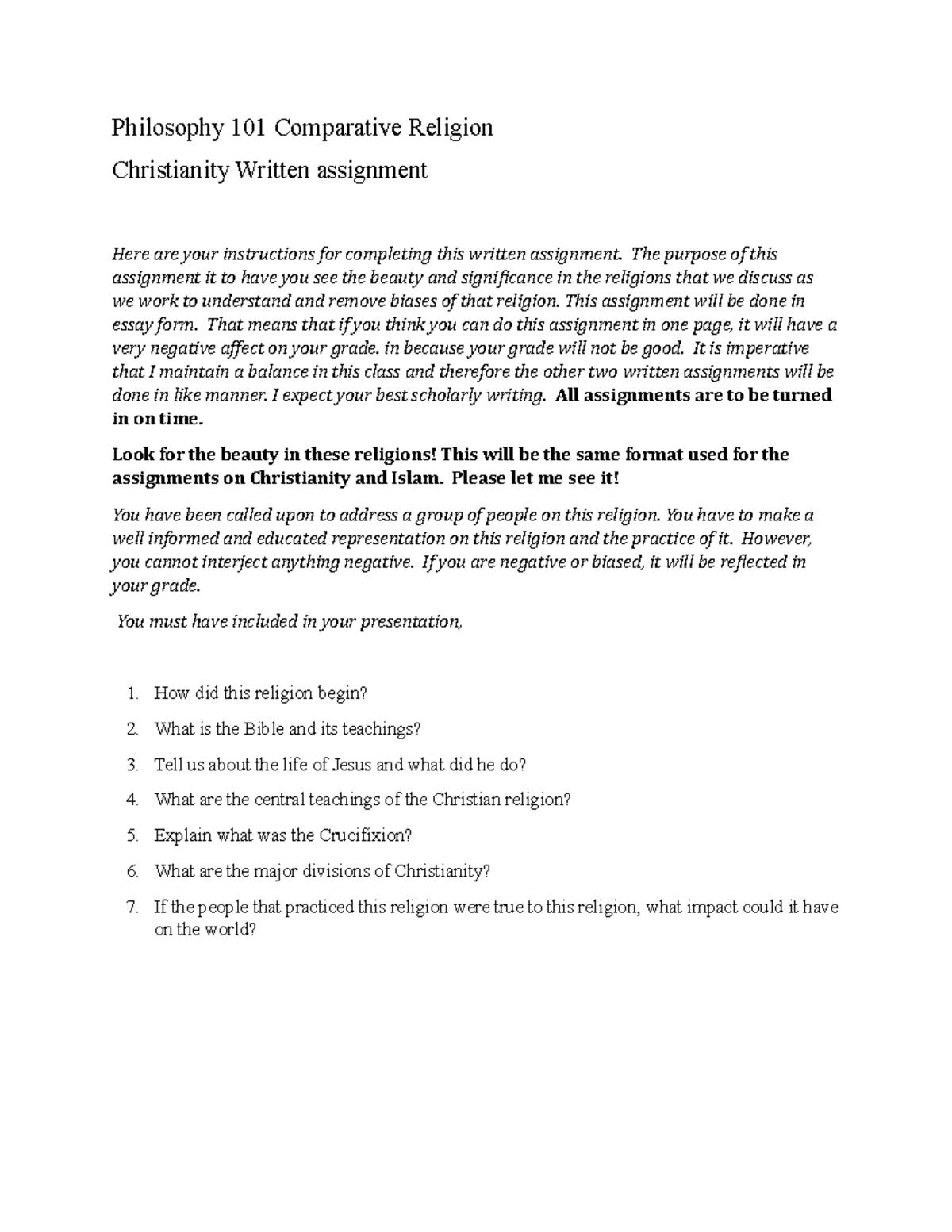 Phl 101 Comparative Religion Christainity Assignment - Philosophy 101 ...