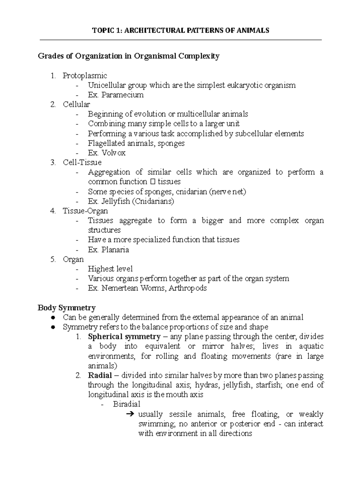 Zoology Topic 1 & 2 - TOPIC 1: ARCHITECTURAL PATTERNS OF ANIMALS Grades ...