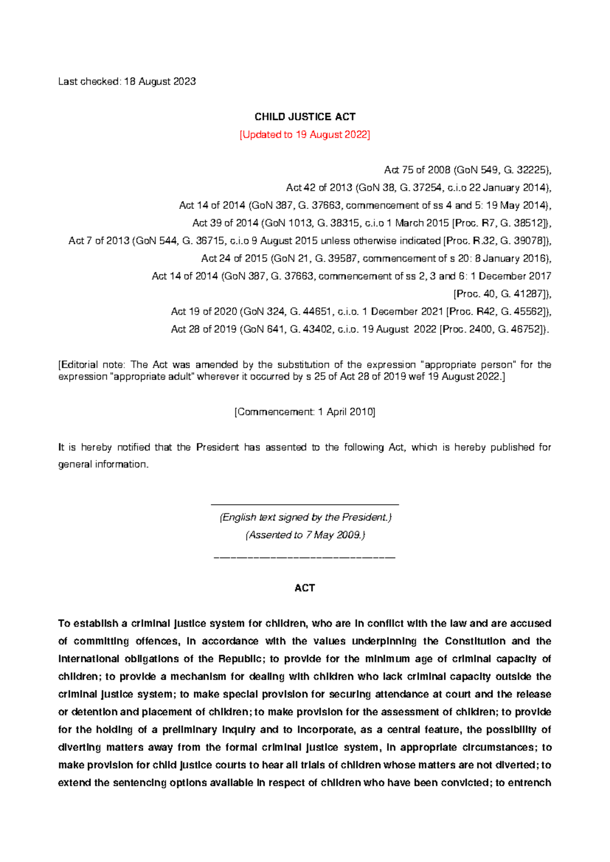 Cja act 75 of 2008 - Last checked: 18 August 2023 CHILD JUSTICE ACT ...