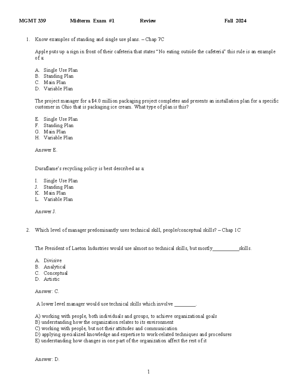 MGMT 339 Review for Midterm 1 Fall 2024 - MGMT 339 Midterm Exam #1 Review Fall 2024 1. Know ...