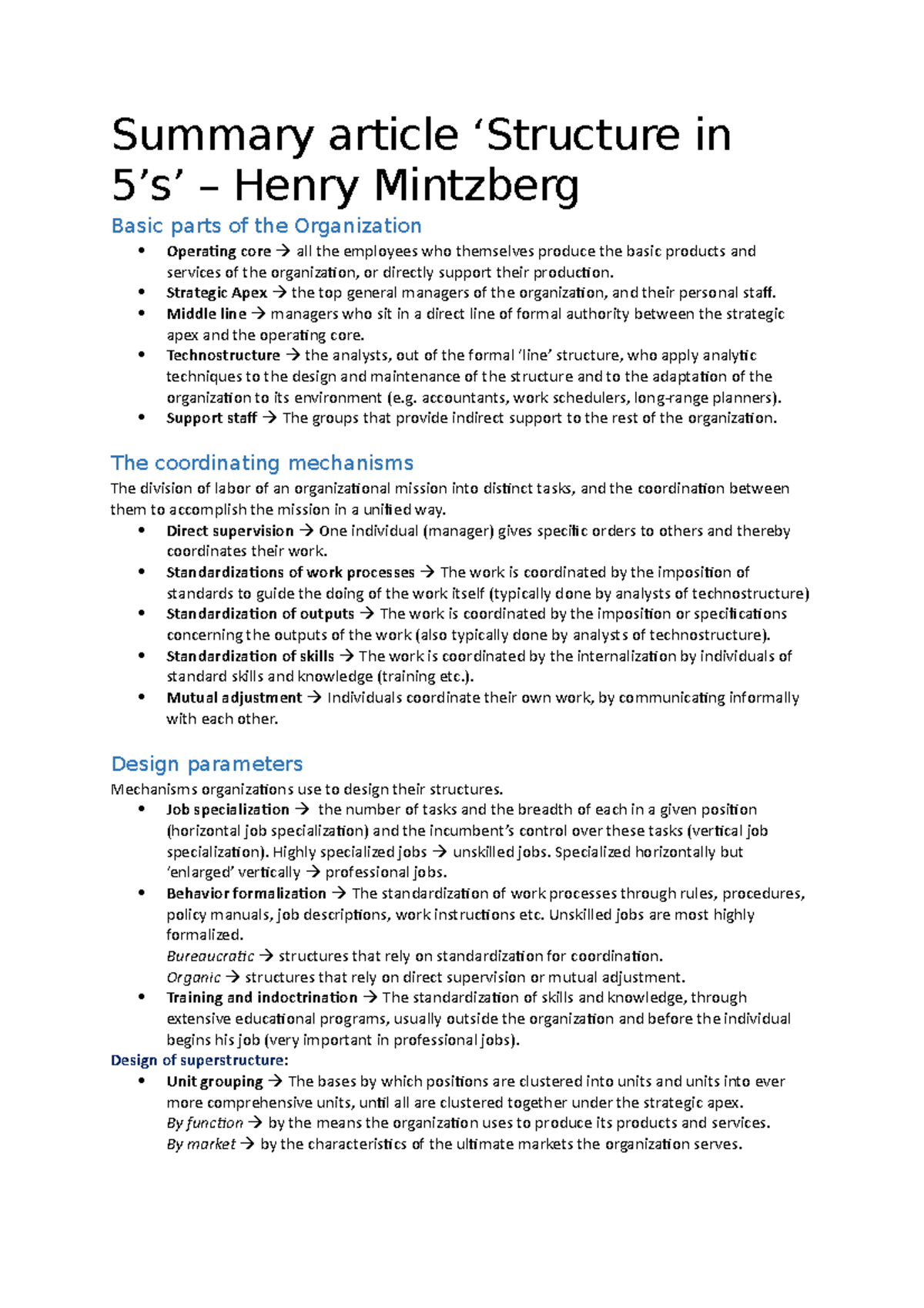 Summary article Structure in 5 s Henry Mintzberg - Summary article ...