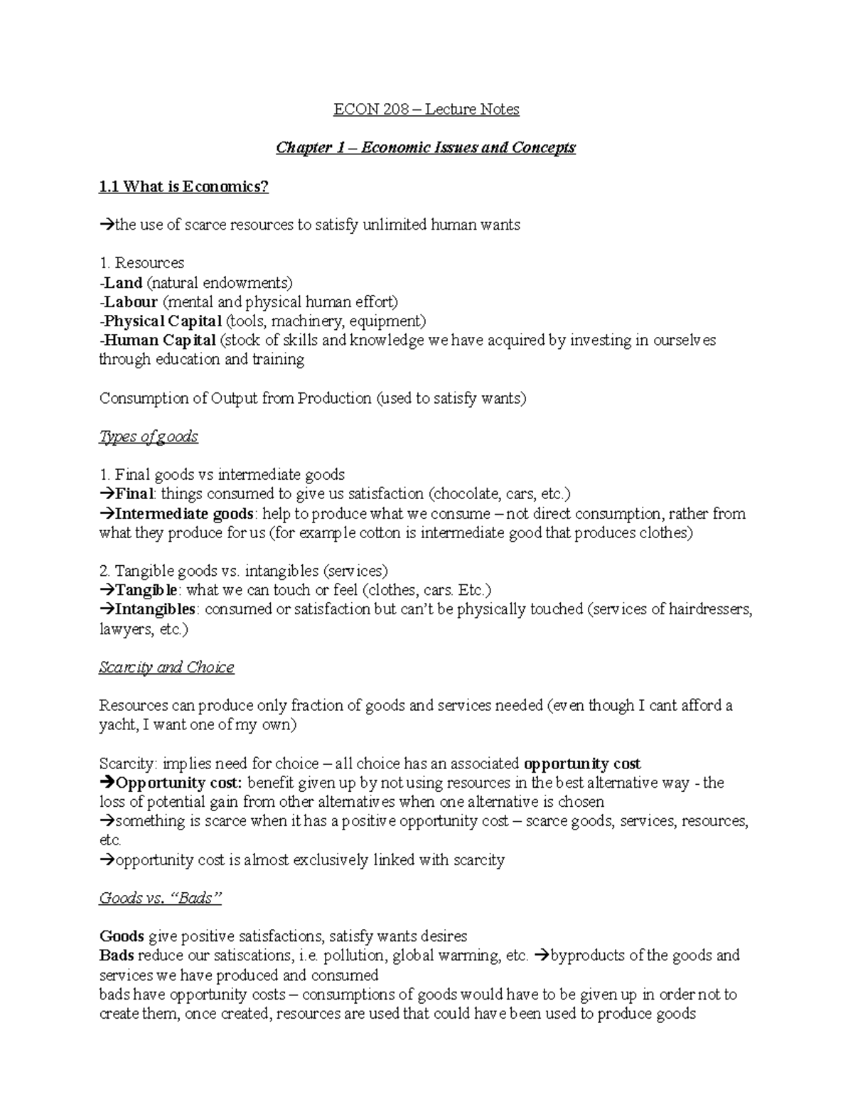 ECON 208 – Lecture Notes - ECON 208 – Lecture Notes Chapter 1 ...