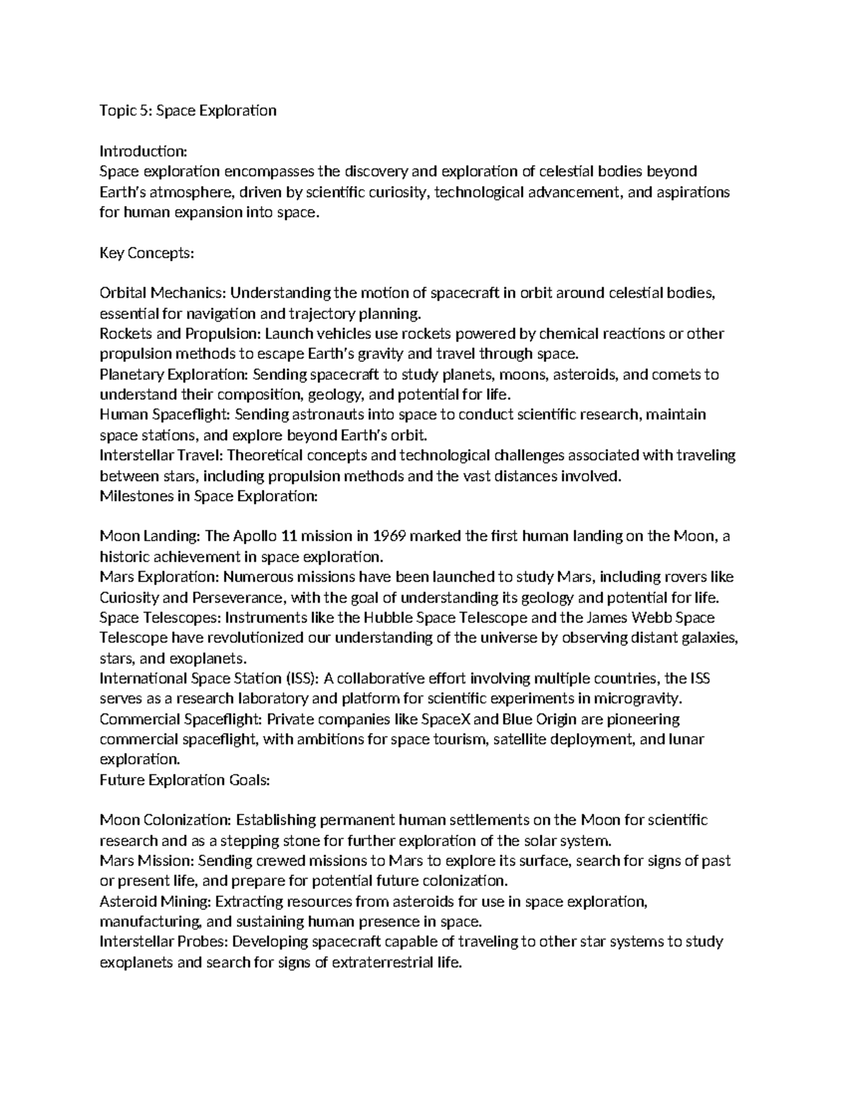 Space Exploration - Summary Materials Science Fundamentals - Topic 5 ...